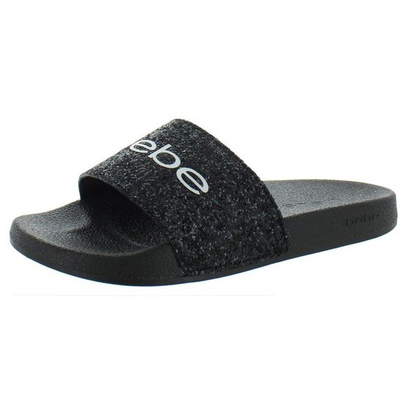 bebe | Shoes | Bebe Womens Fraida Black Glitter Logo Pool Slide Sandals ...